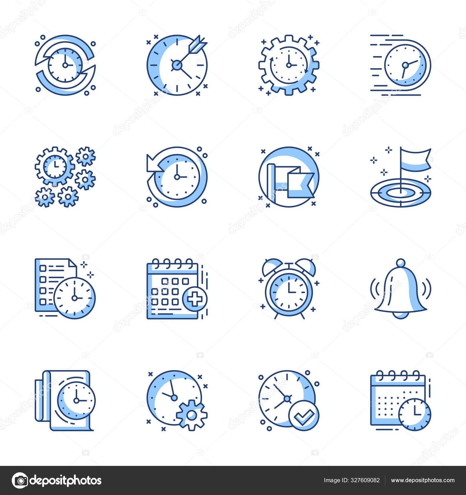 Time and project management linear icons set. Calendar, bell, alarm ...