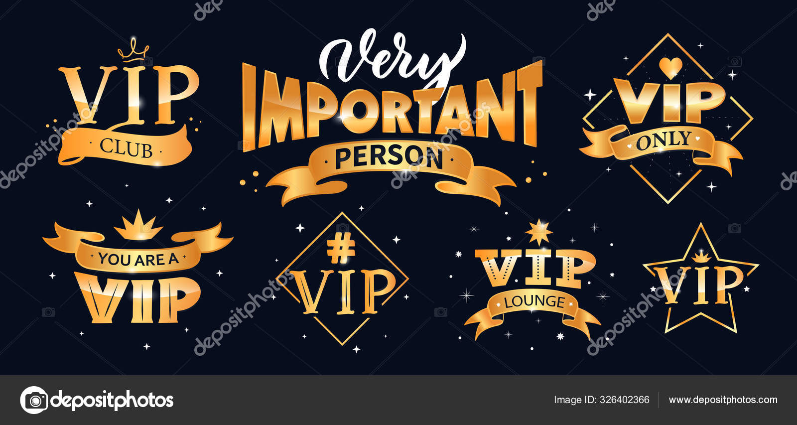 Vip lettering, logo collection. Creative set compositions in gold color ...