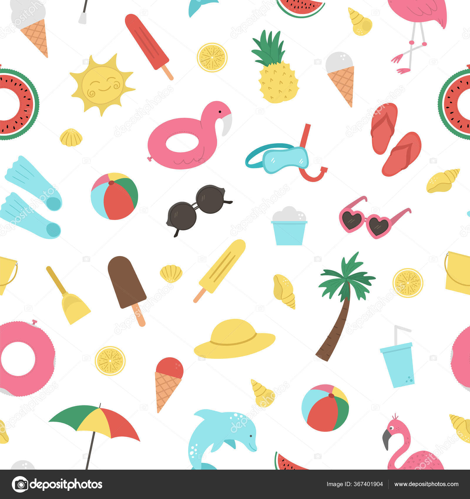 Vector Seamless Pattern Summer Elements Cute Flat Background Kids Palm ...