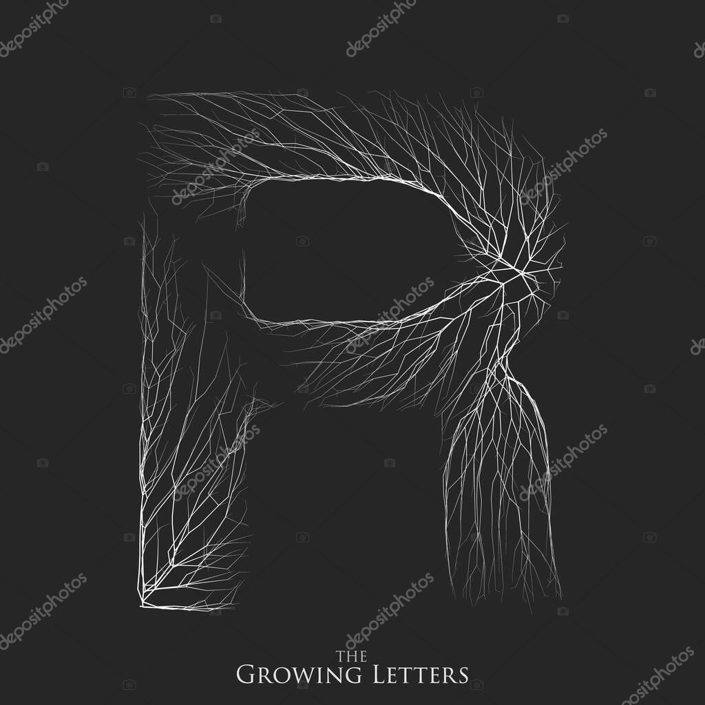 Letra vectorial R de rama o alfabeto agrietado. R símbolo que consiste ...