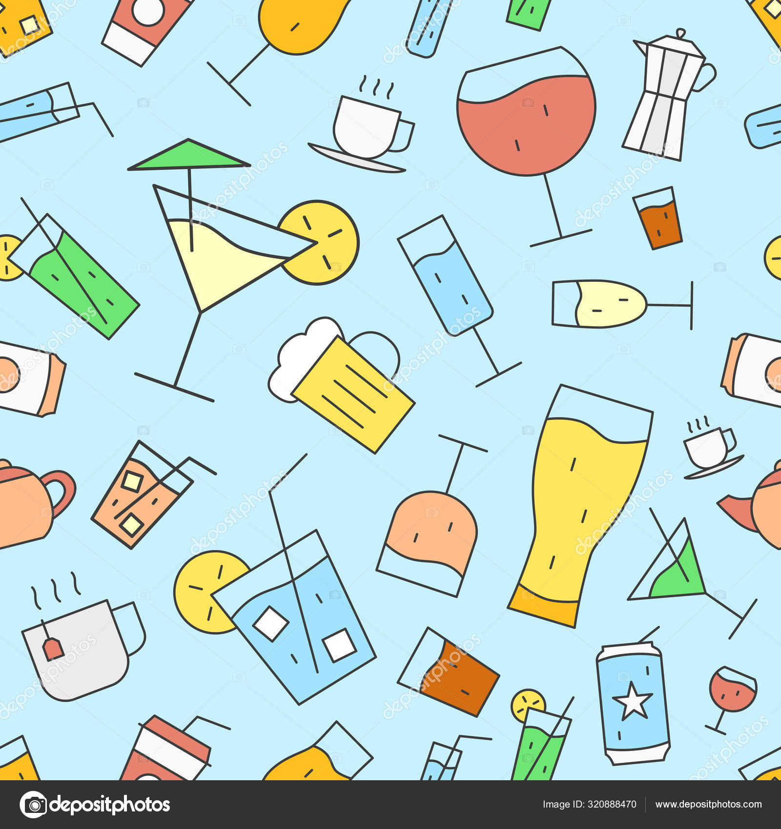 Drink Glass Background Vector Color Seamless Pattern Cocktail Alcohol ...