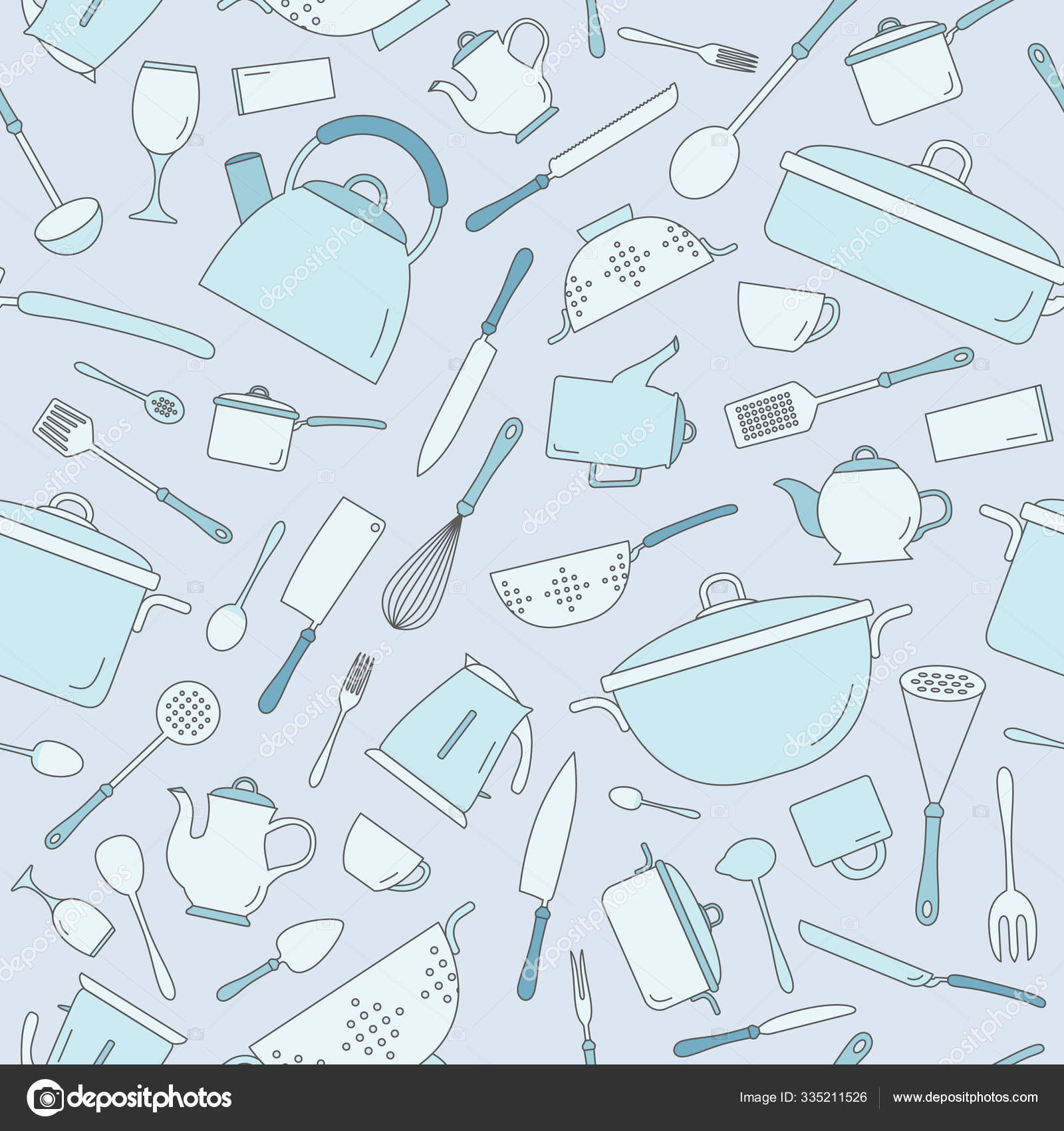 Kitchen Dinnerware Background Vector Color Seamless Pattern Knife Plate ...