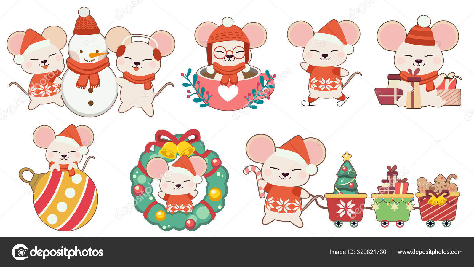 The collection of cute mouse in christmas theme set on the white ...