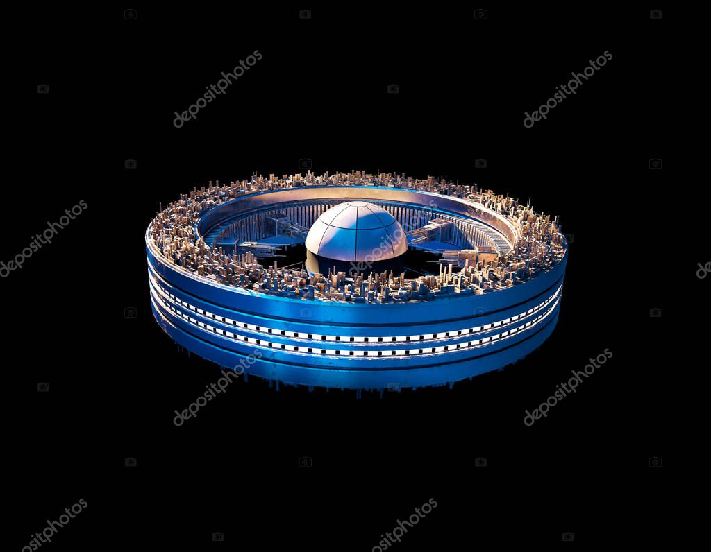 Ilustraci n 3D de una ciudad futurista sobre una estructura de ruedas con recorte, para ...