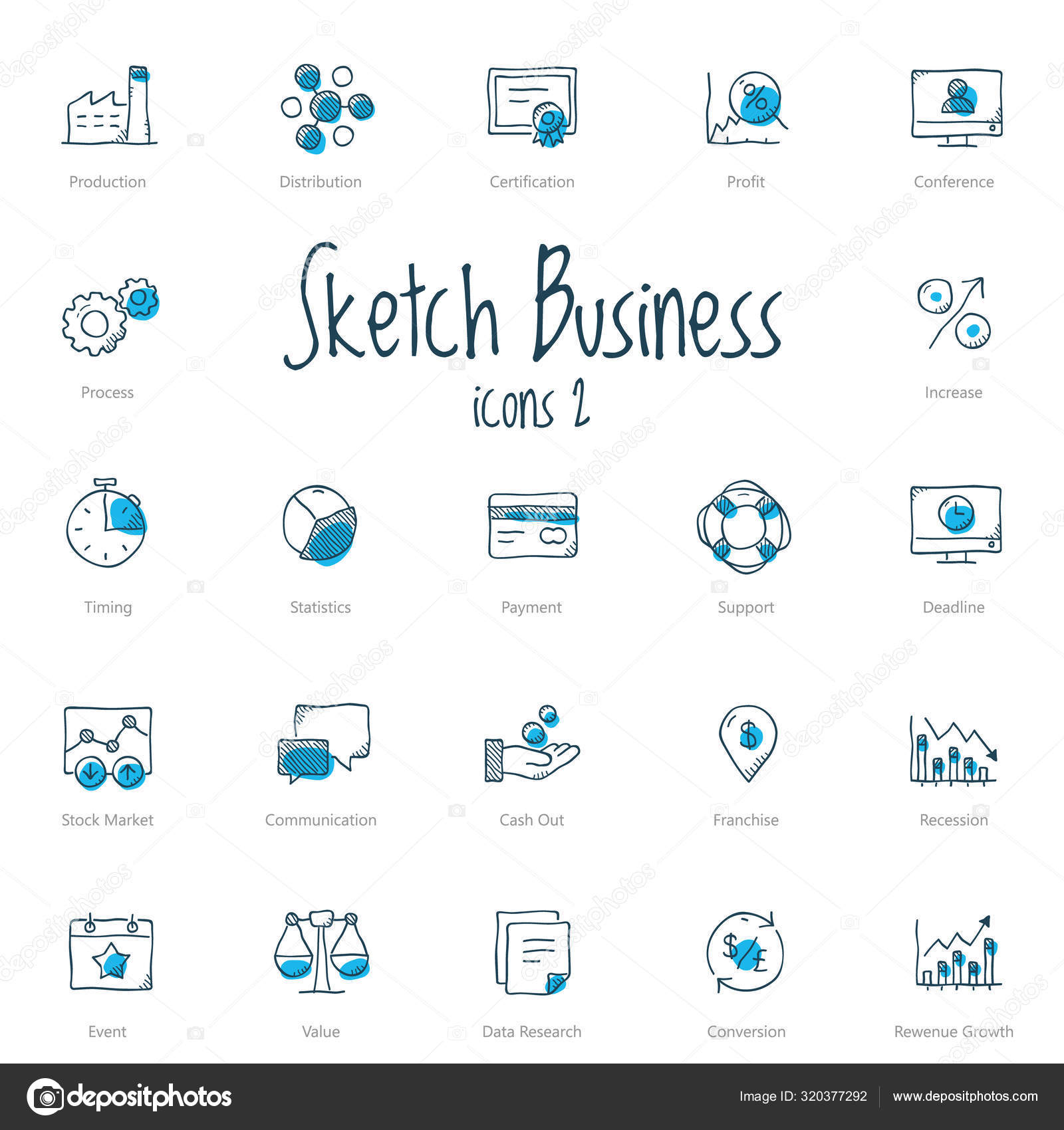 Hand Drawn Business Icon Set Volume Blue Accent Isolated Light Stock ...