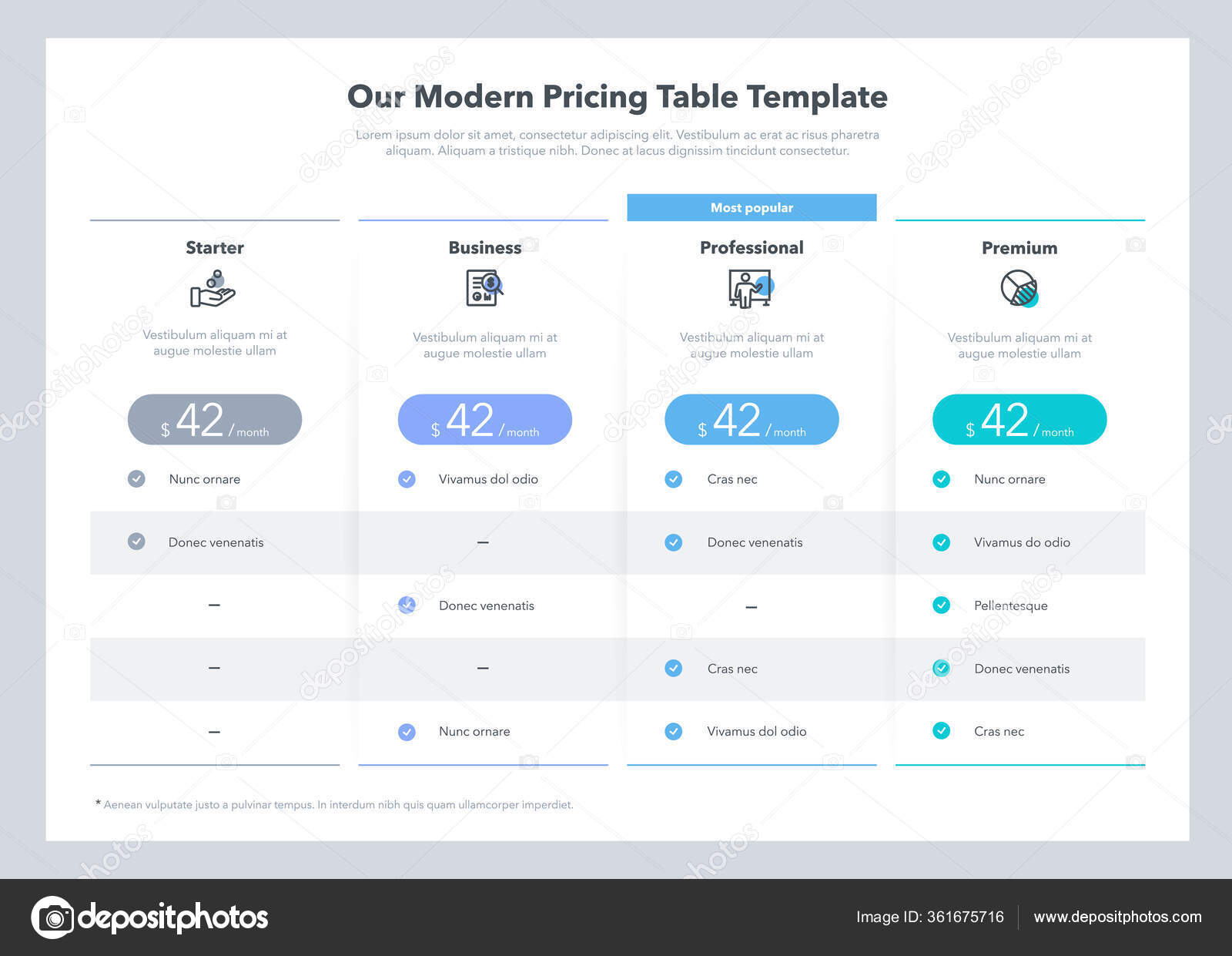 Modern Looking Pricing Table Design Four Subscription Plans Flat ...