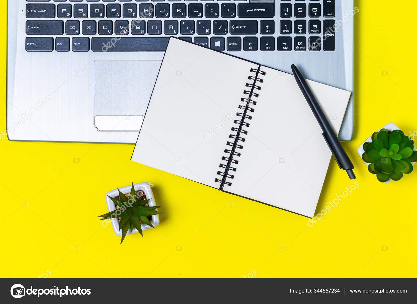 Diary Plans Laptop Yellow Background Cacti Stock Photo by ©ramonaksun ...