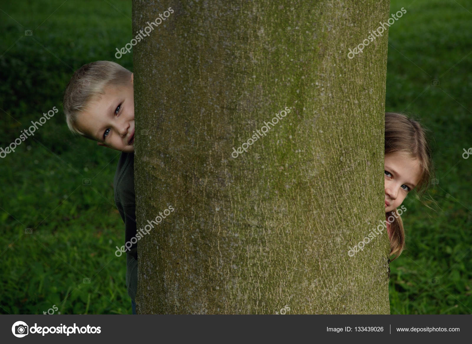 Kids looking out from tree trunk Stock Photo by ©MicrostockAsia 133439026