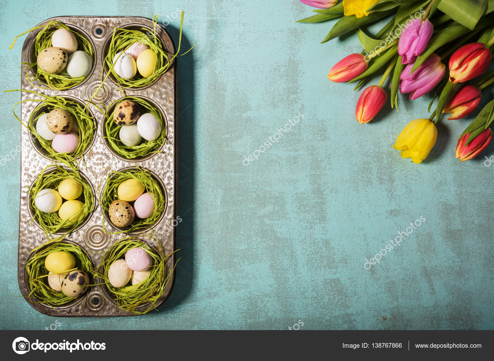 Easter and spring background with tulips and eggs. Stock Photo by ...