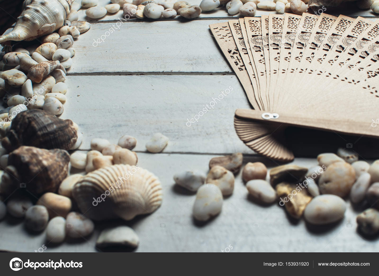 The fan and seashells on a wooden — Stock Photo © Komokvm #153931920