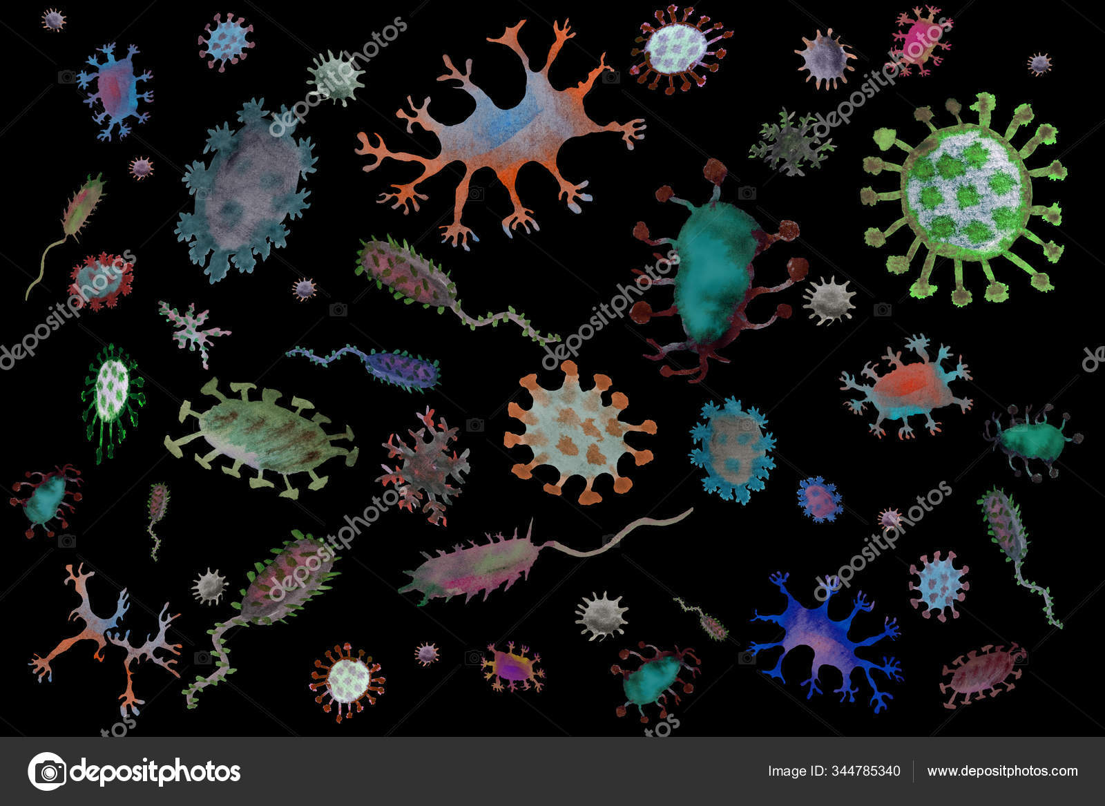 Illustration Bacteria Microscope Black Background Microbes Viruses ...
