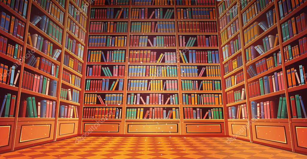 Biblioteca estantes de libros ilustración vector de dibujos animados. 2025
