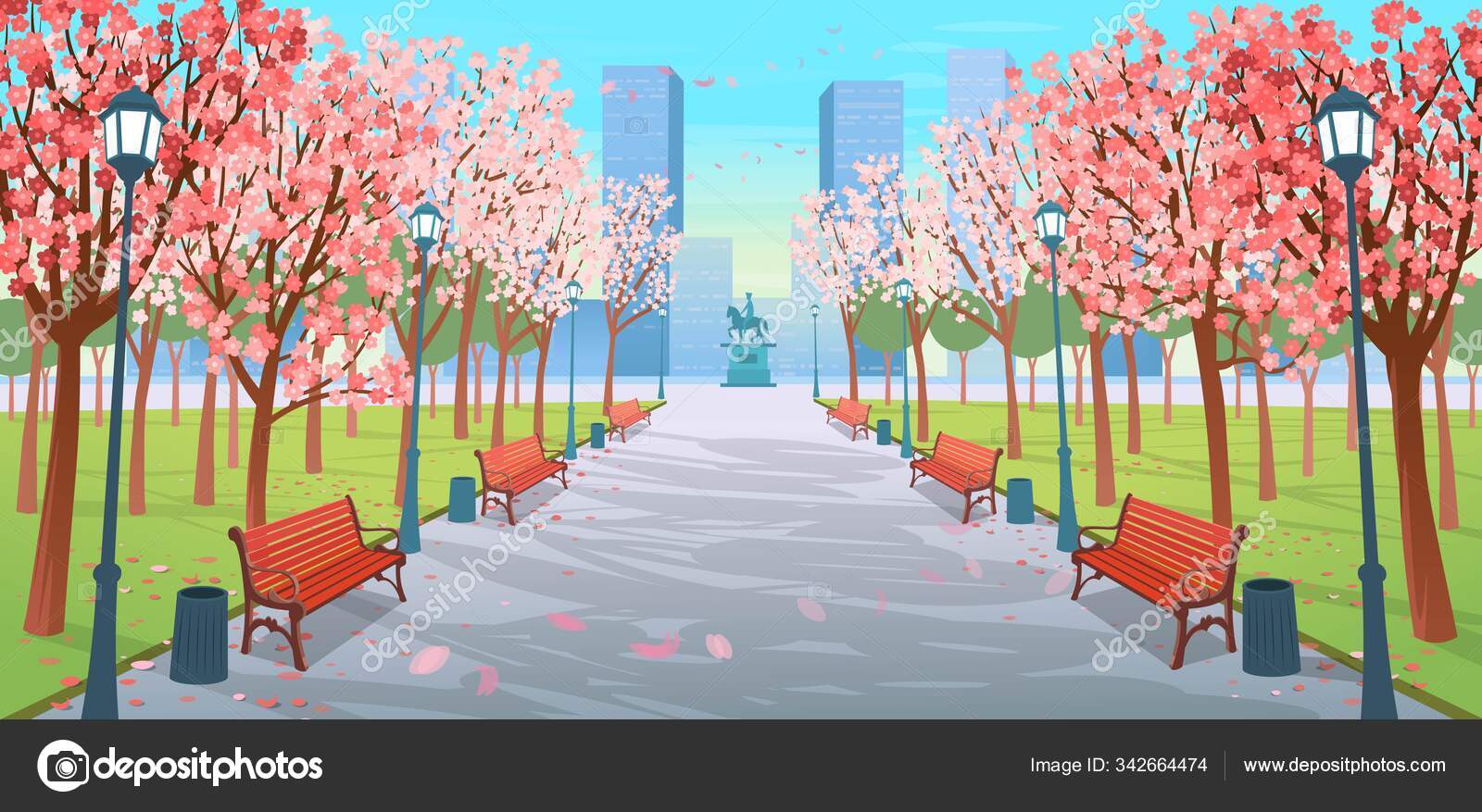Panorama Road Spring Park Benches Blossom Trees Lanterns Monument ...