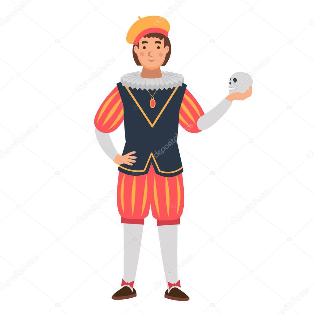 Actor de dibujos animados en un traje vintage con un cráneo en la mano ...