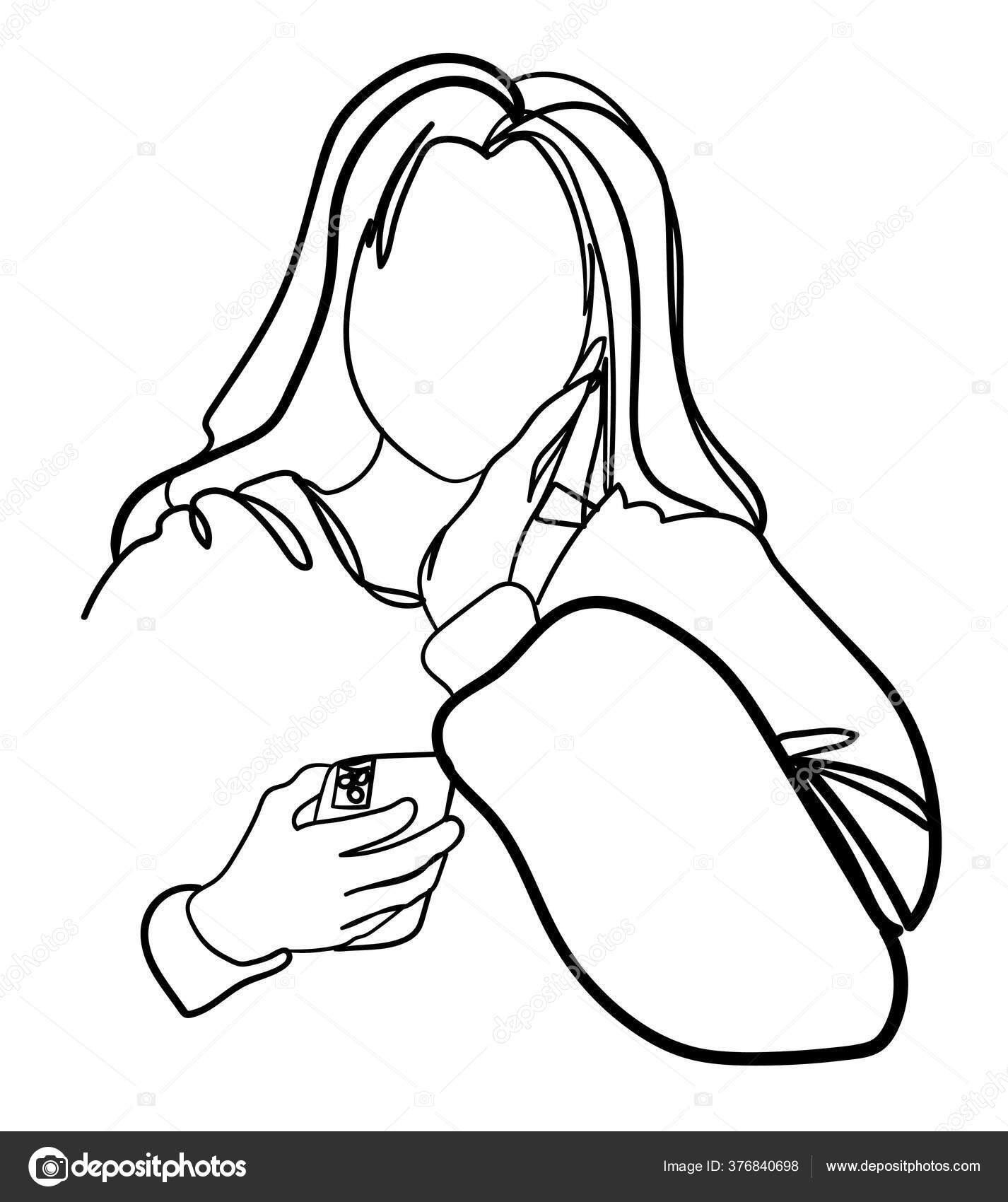 Young Girl Phone Her Hands Girl Smartphone One Line Drawing Stock ...