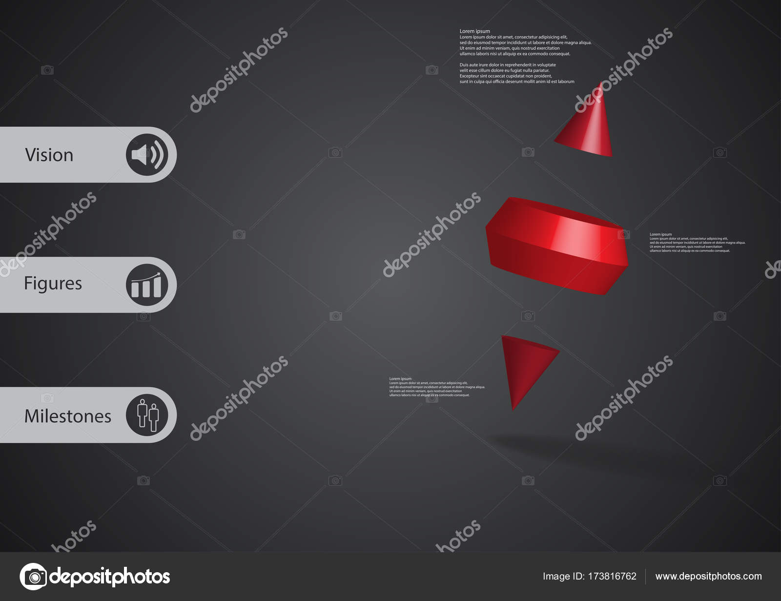 3D illustration infographic template with two spike cone divided to ...
