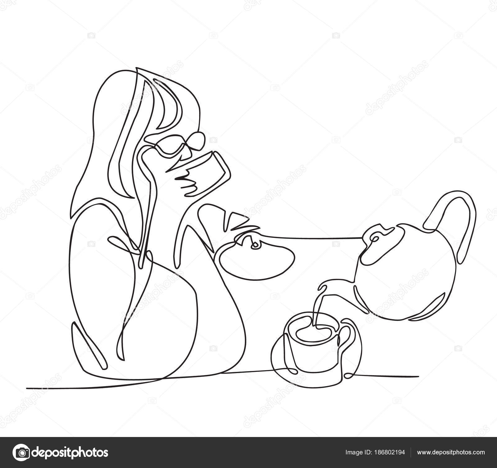 Continuous line drawing of women drinking tea. Stock Vector by ...