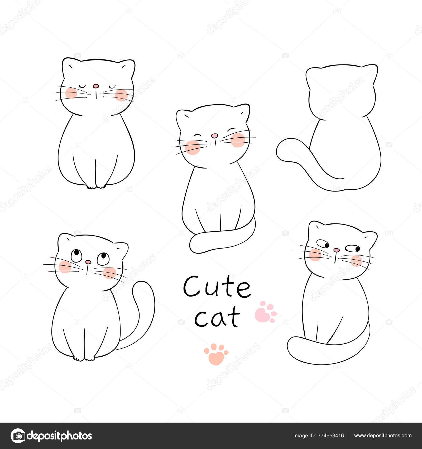 Banner Drawn Doodle Cartoon Style Outline Cute Cats White Background ...