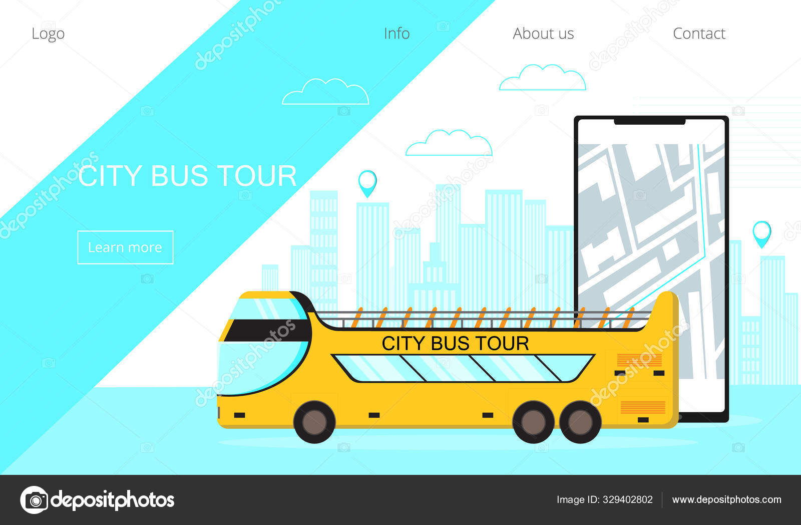 City bus tour concept for landing page. Open top bus lines with online ...