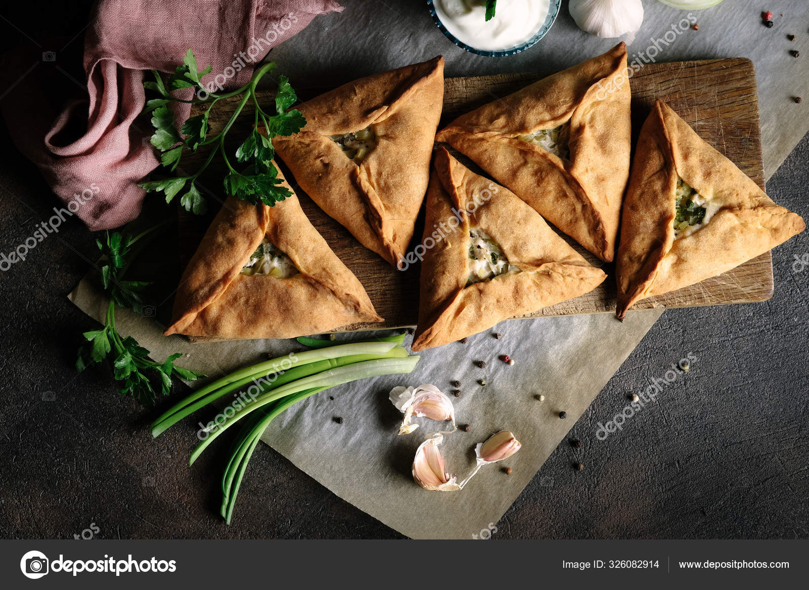 Triangle Meat Chicken Pie Potatoes Sour Cream Onions Garlic Spices ...