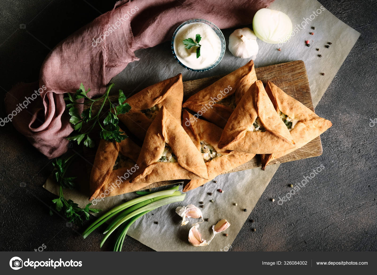 Triangle Meat Chicken Pie Potatoes Sour Cream Onions Garlic Spices ...