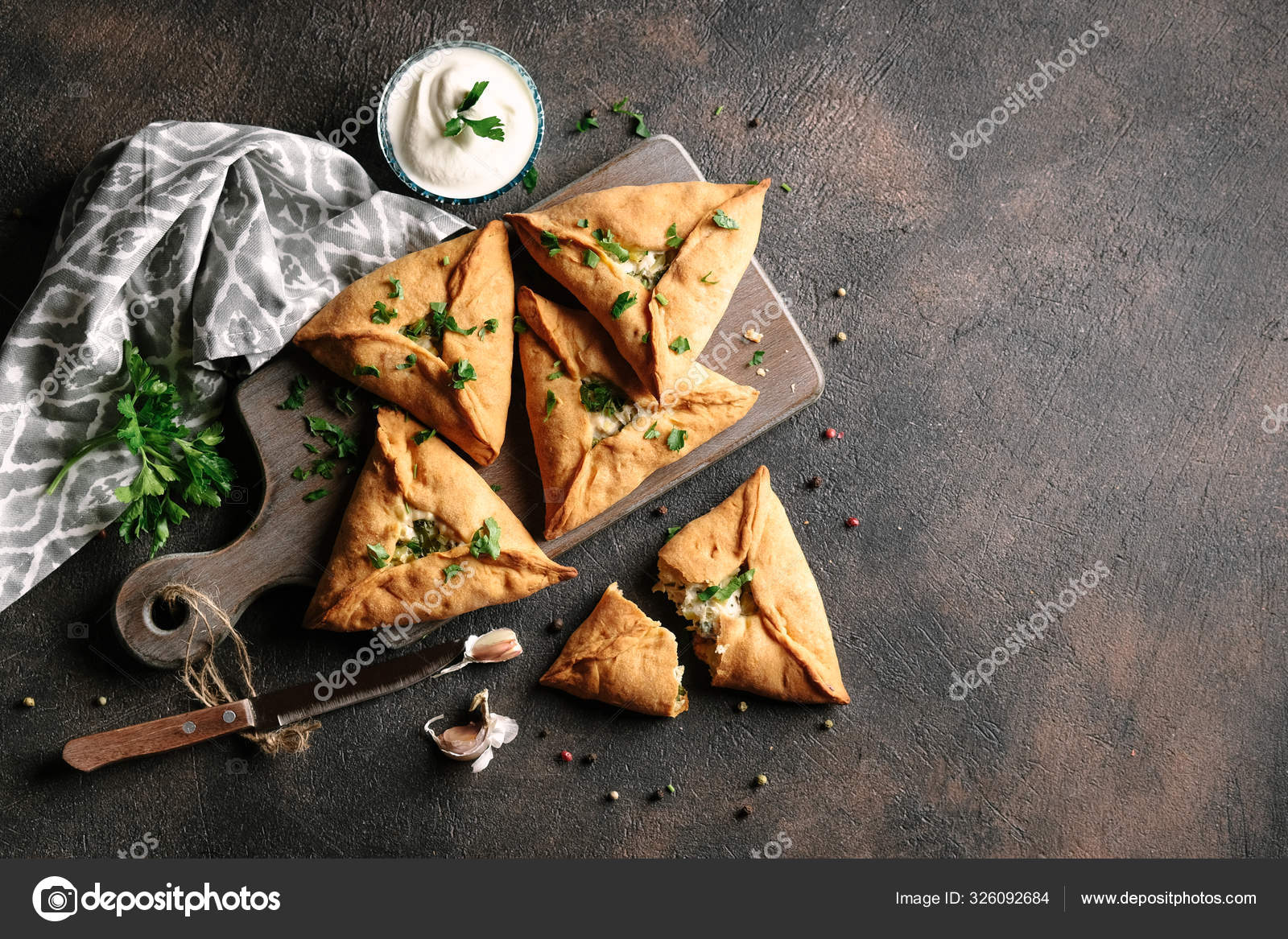 Triangle Meat Chicken Pie Potatoes Sour Cream Onions Garlic Spices ...