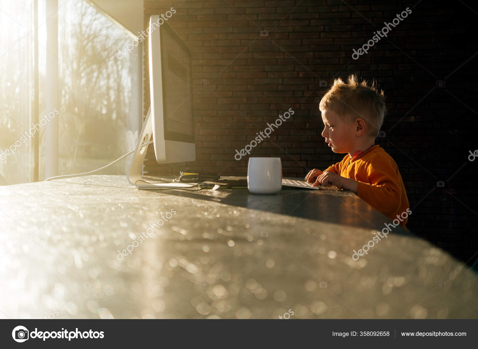 Little Child Kindergarten Age Using Desktop Computer Home Leisure Alpha ...