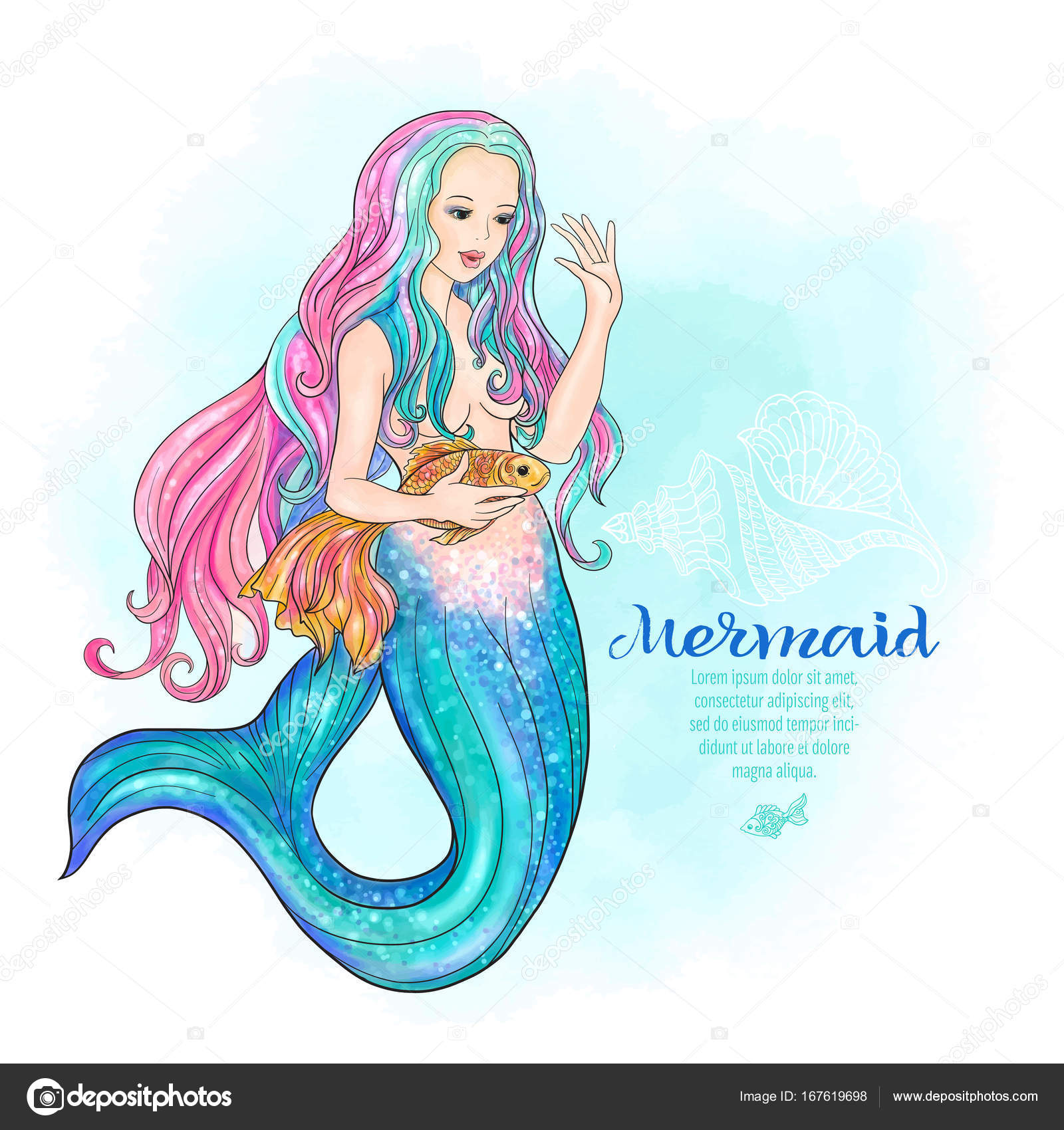 Hand drawn mermaid holding a gold fish, on watercolor background Stock ...
