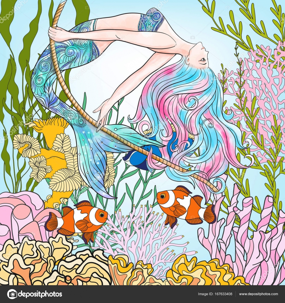 Hand drawn mermaid swinging on rope in underwater world. Linen c Stock ...