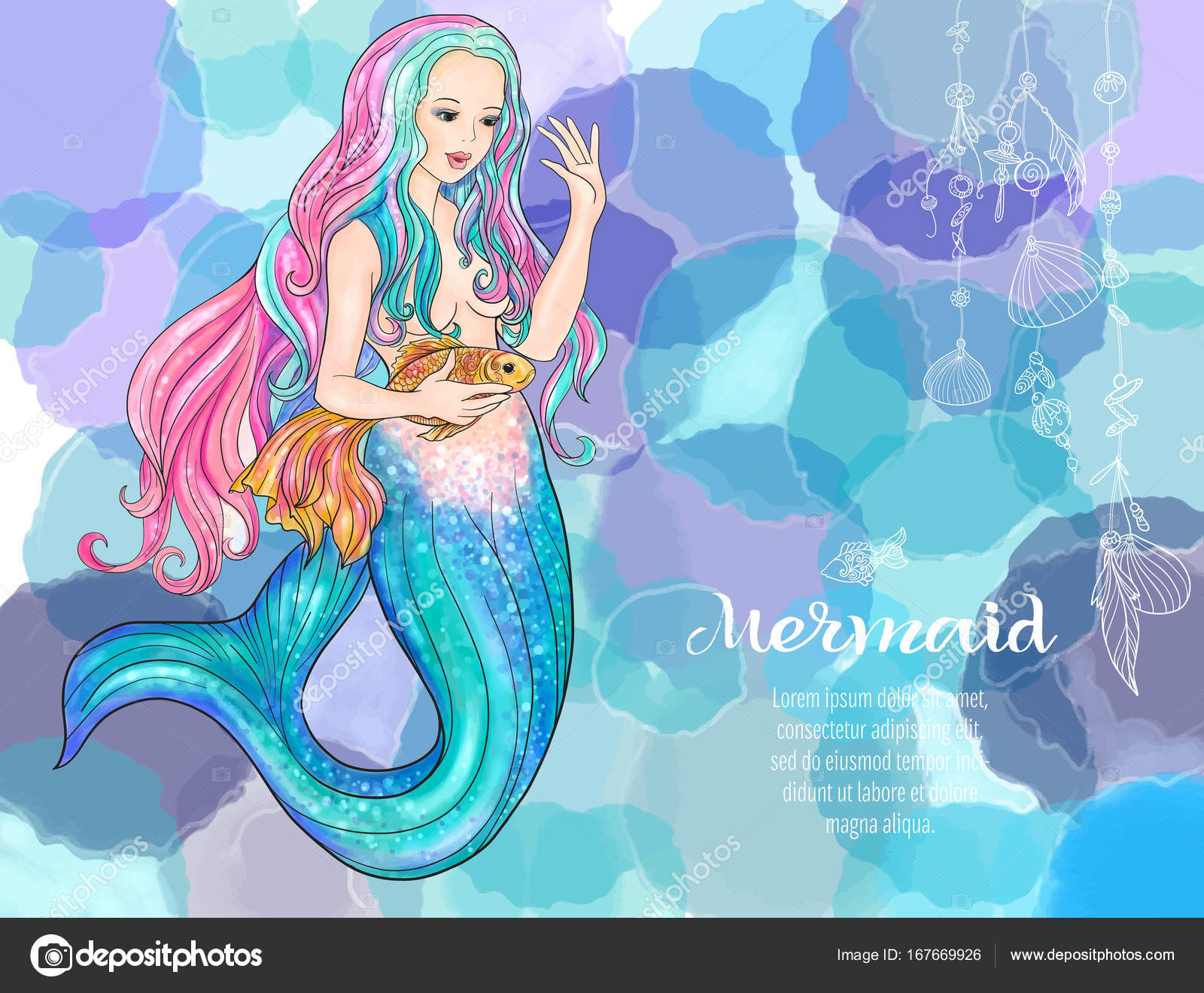Hand drawn mermaid holding a gold fish, on watercolor background Stock ...