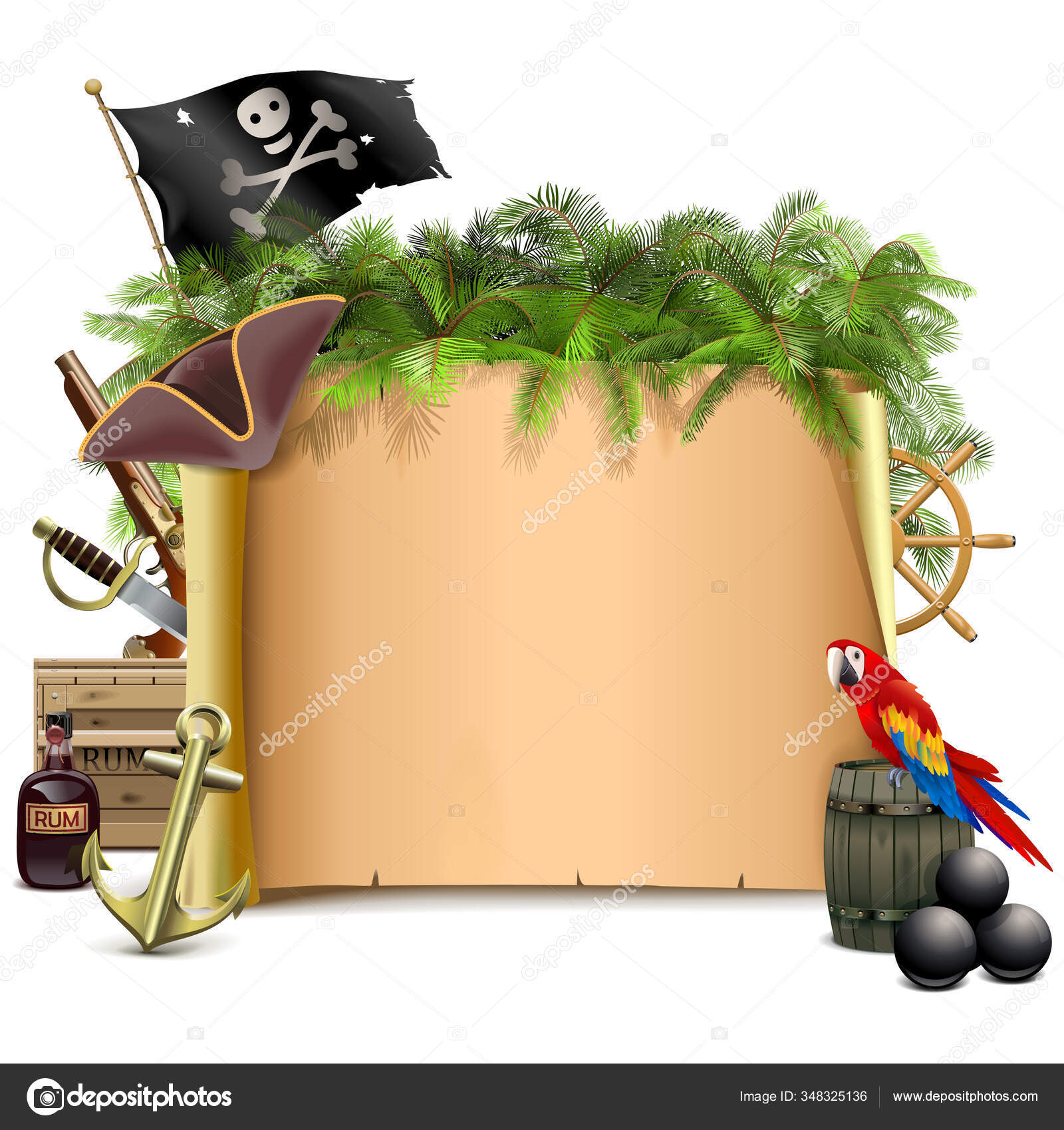 Vector Pirate Scroll Palm Tree Isolated White Background Stock Vector ...