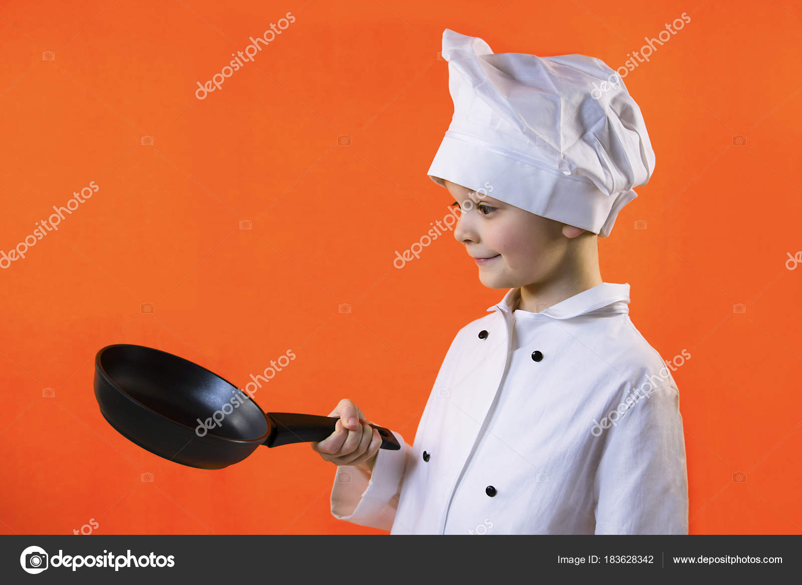 Funny Boy Chef Keeps Frying Pan Orange Background Stock Photo by ...