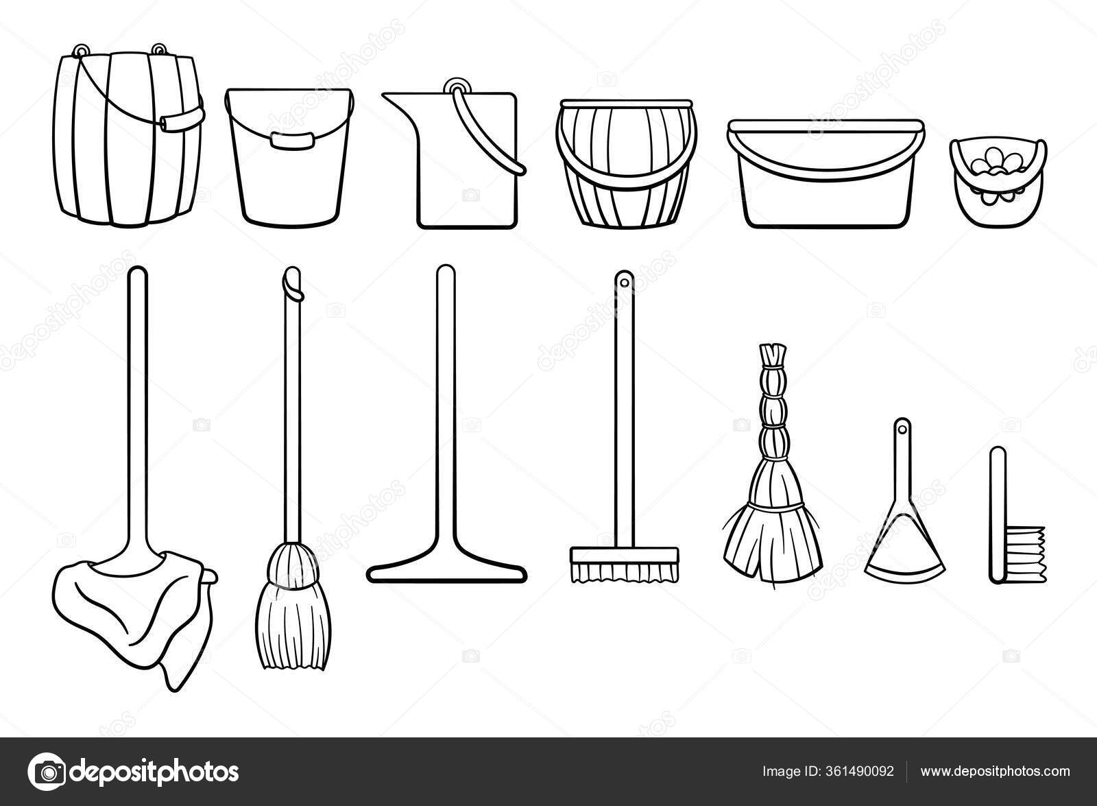 Outline Style Set Cleaning Tools Buckets Mops Besom Broom Dustpan Stock ...