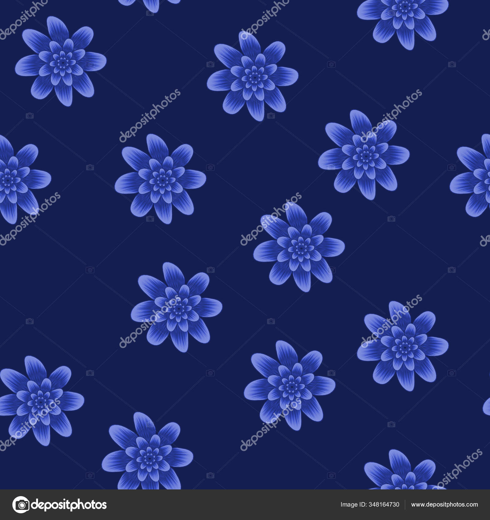 Seamless Repeat Pattern Blue Flowers Deep Blue Background Drawn Fabric ...