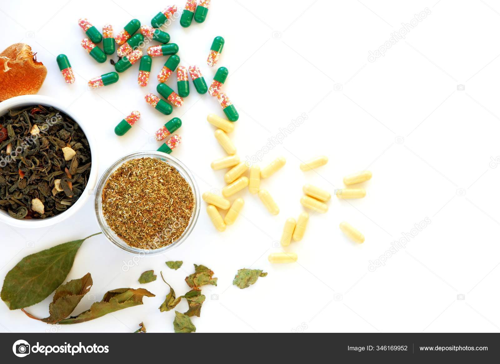 Dried Medicinal Herbs Bowls Medical Capsules Pills White Background ...
