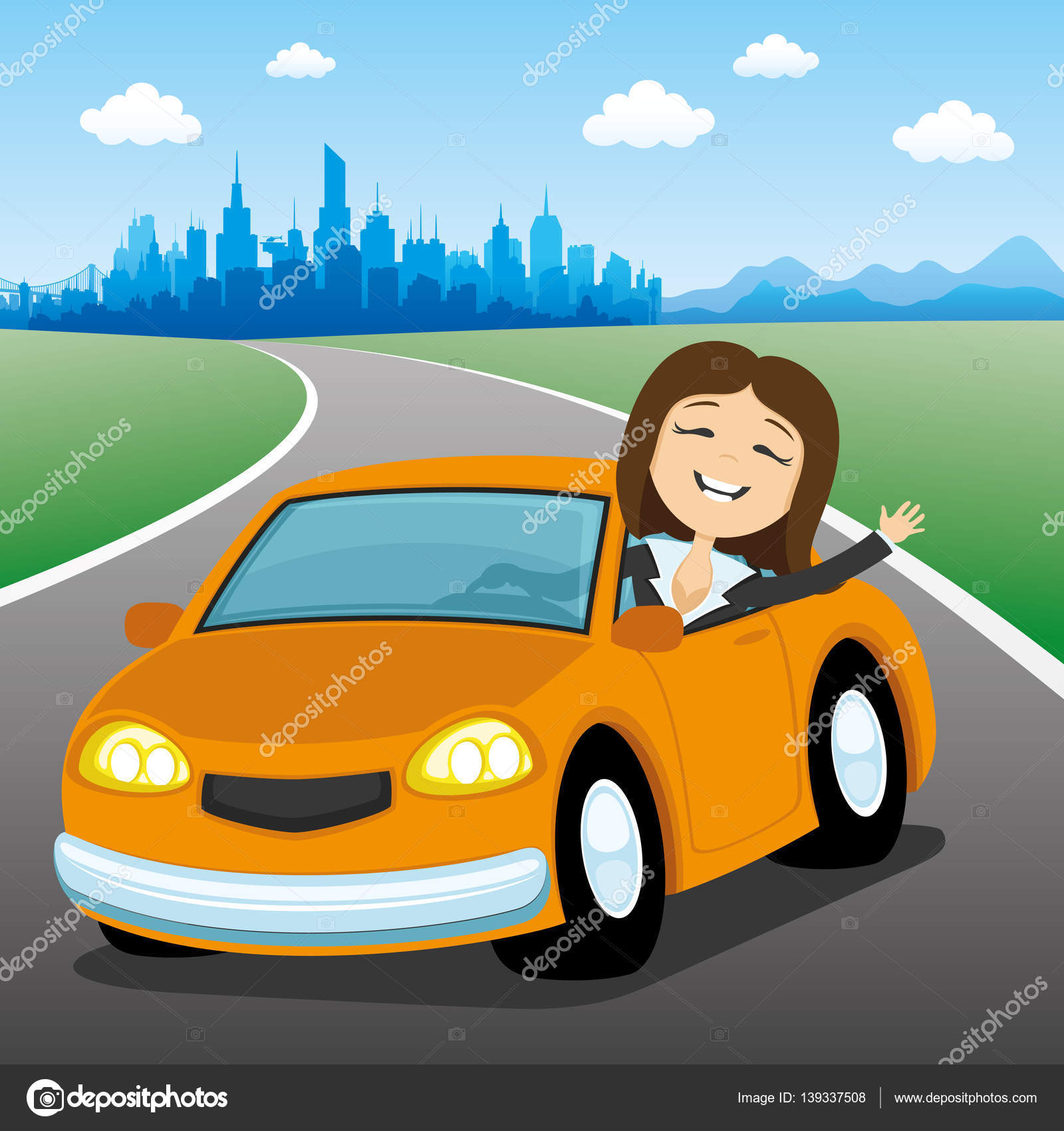 Cartoon Woman Driving On Road