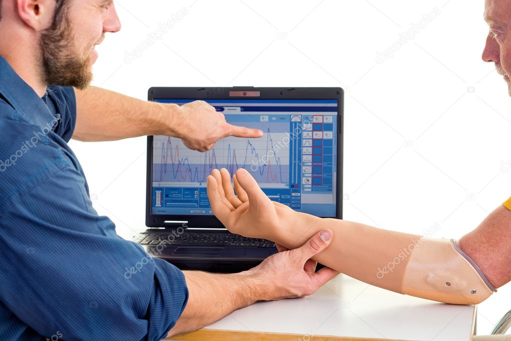 Man with prosthetic arm and doctor — Stock Photo © belahoche #128410858