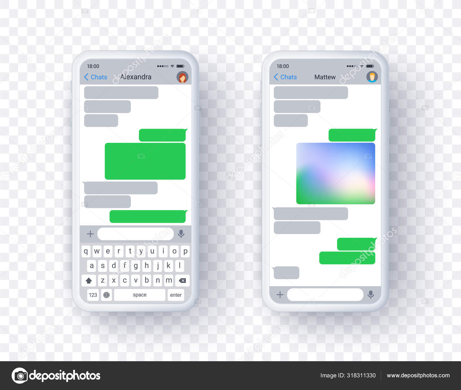 Two screen of text app for mobile phone, messenger concept in light ...
