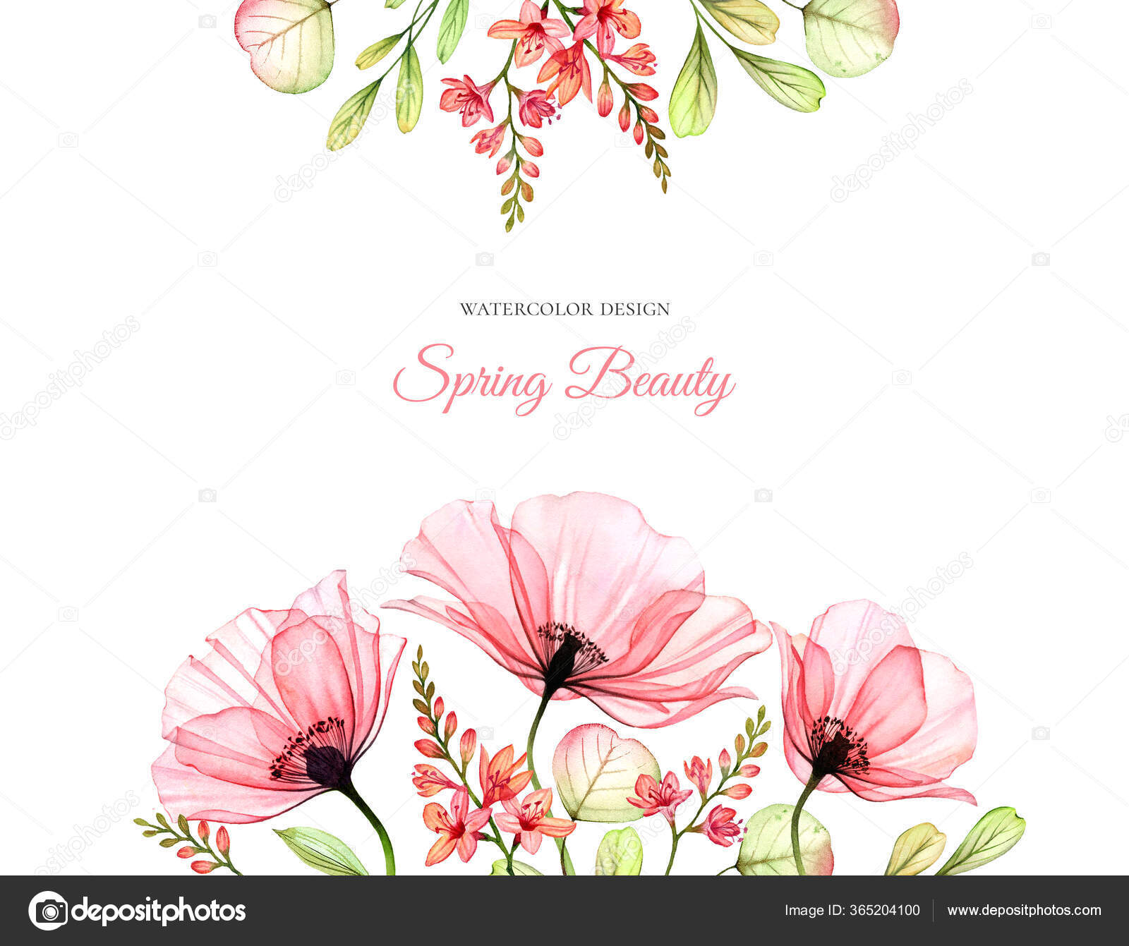 Watercolor floral background with place for text. Border at the top and ...