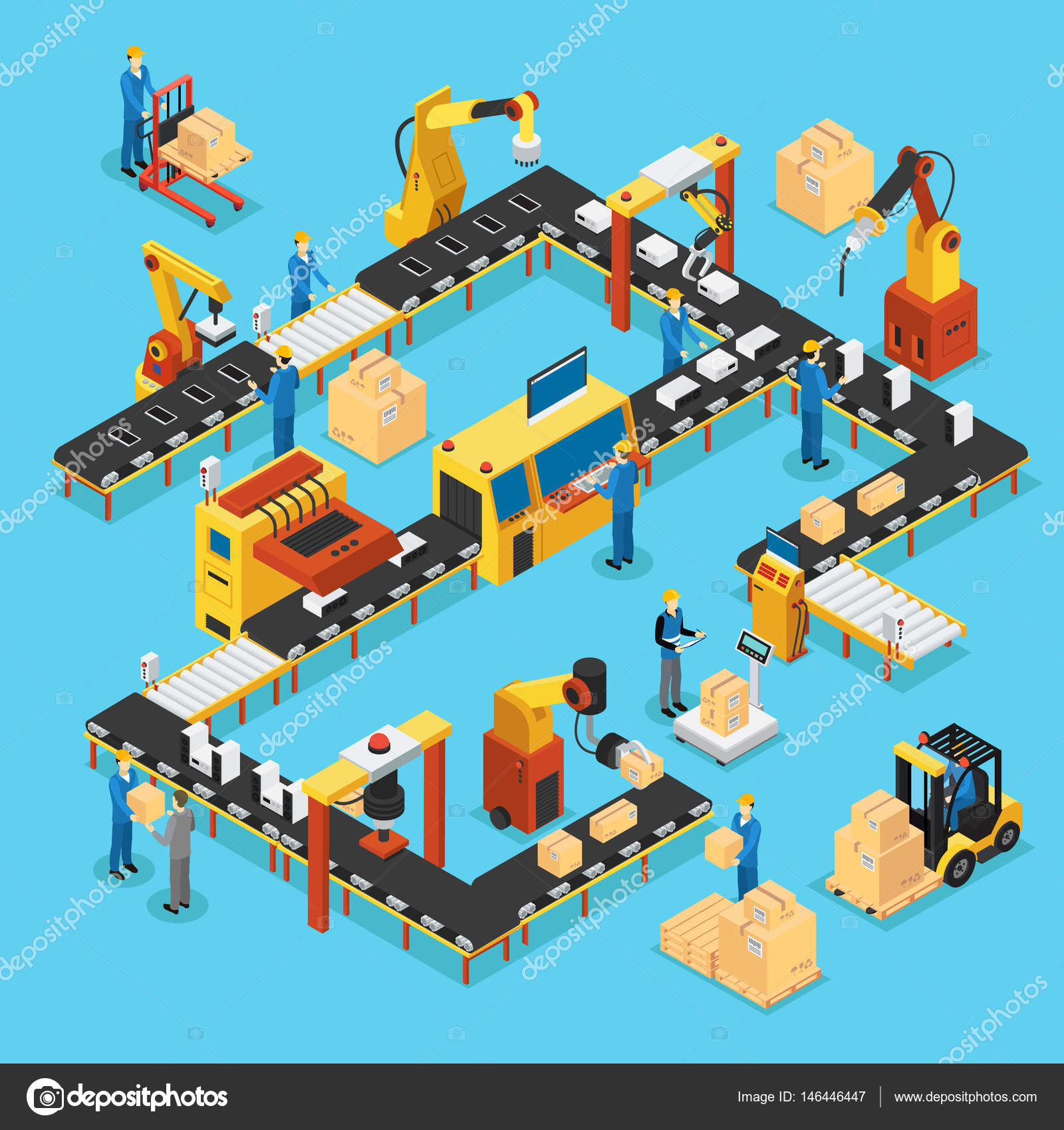 Concepto de línea de producción automatizada isométrica Vector de stock #146446447 de ©Mogil