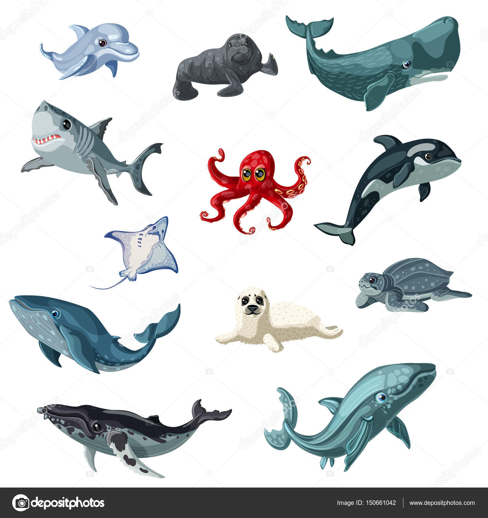 Cartoon Colorful Underwater Animals Set Stock Vector Image by ©Mogil ...