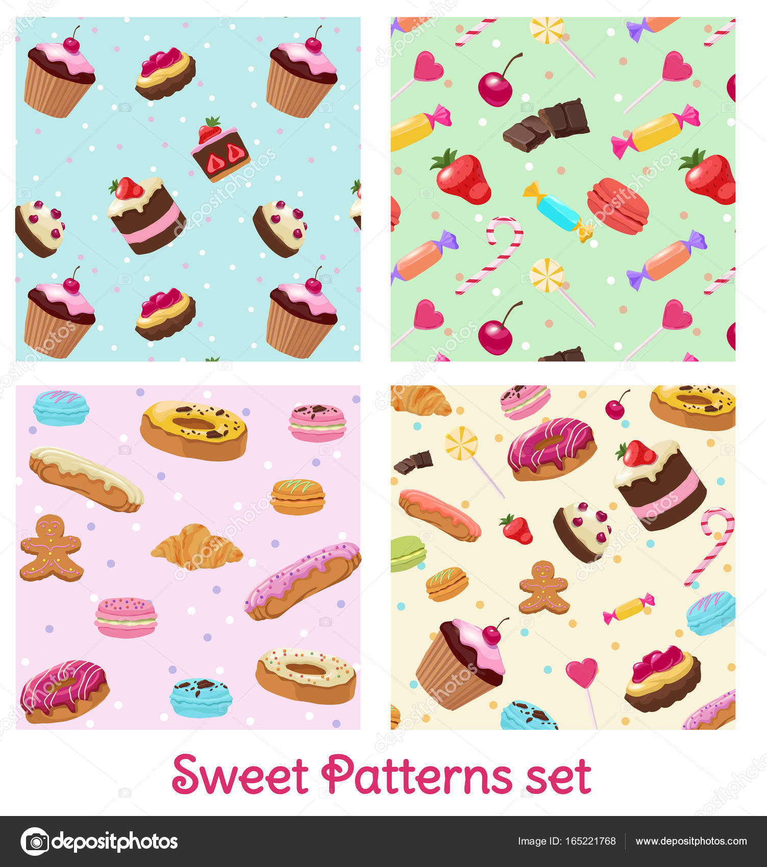Colorful Pastry And Confectionery Patterns Set Stock Vector Image by ...