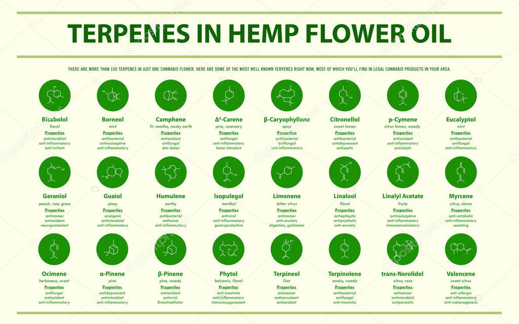 Terpenos en aceite de flor de cáñamo con fórmulas estructurales ...