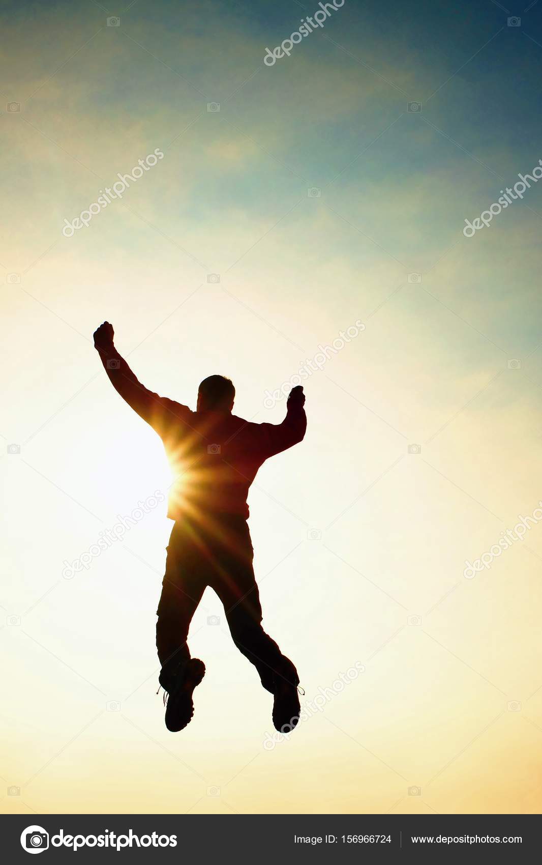 Flying man in air. Man falling down on colorful sky background. Vintage ...