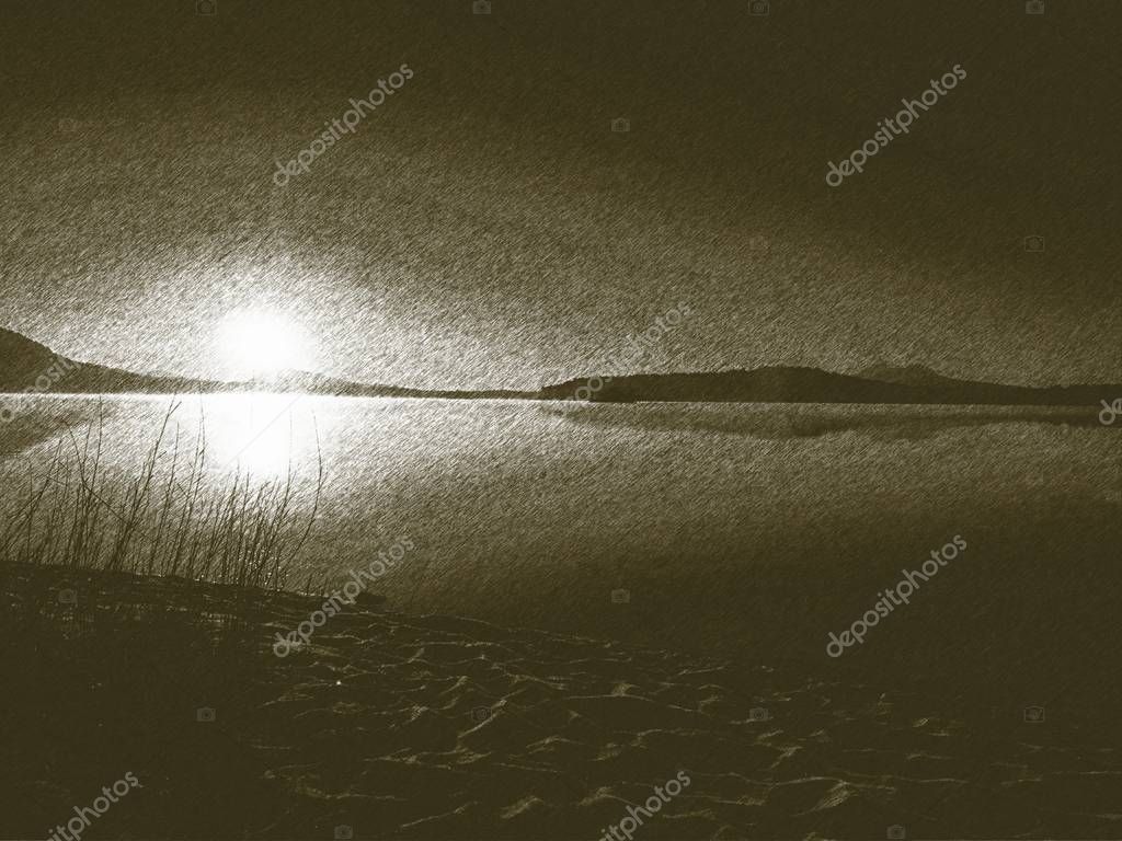 Técnica litográfica. Imagen natural. Río de montaña en el bosque ...