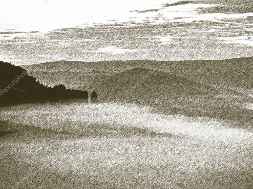 Técnica litográfica. Paisaje montañoso de ensueño perdido en la espesa ...