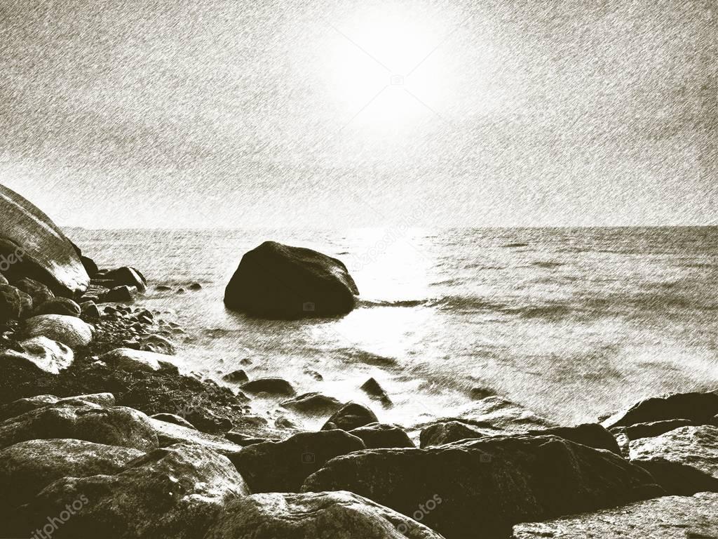 Técnica litográfica. Las piedras sobresalen del suave mar ondulado ...