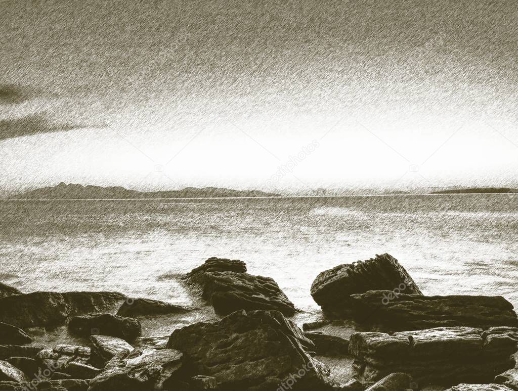 Técnica litográfica. Las piedras sobresalen del suave mar ondulado ...