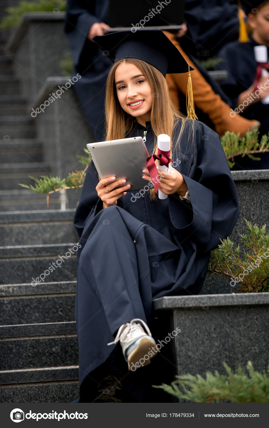 Pretty Young Graduate Collegues Teamwork Diploma Stock Photo by ...