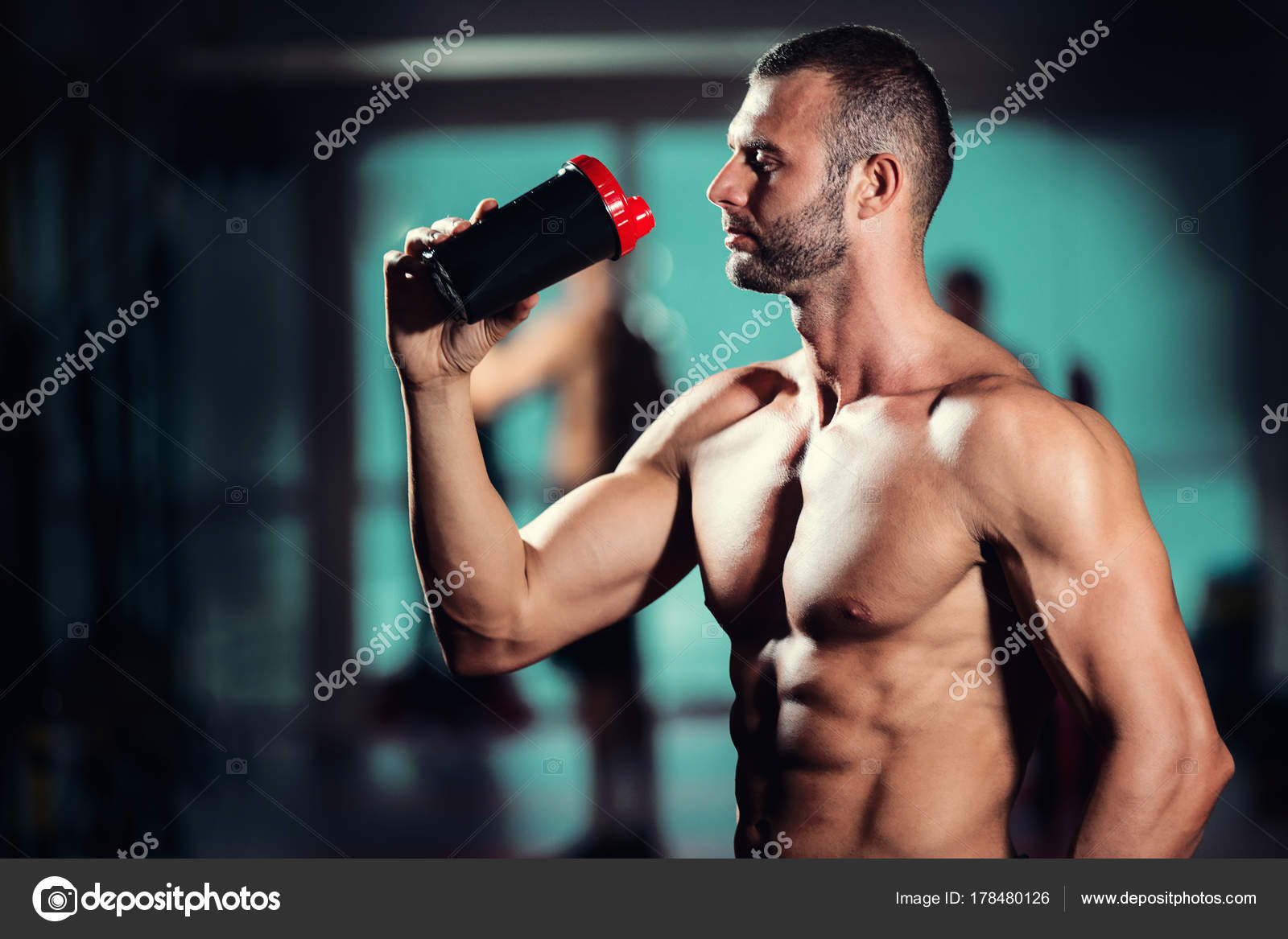 Handsome Young Muscular Man Drinks Protein Gym Stock Photo by ...